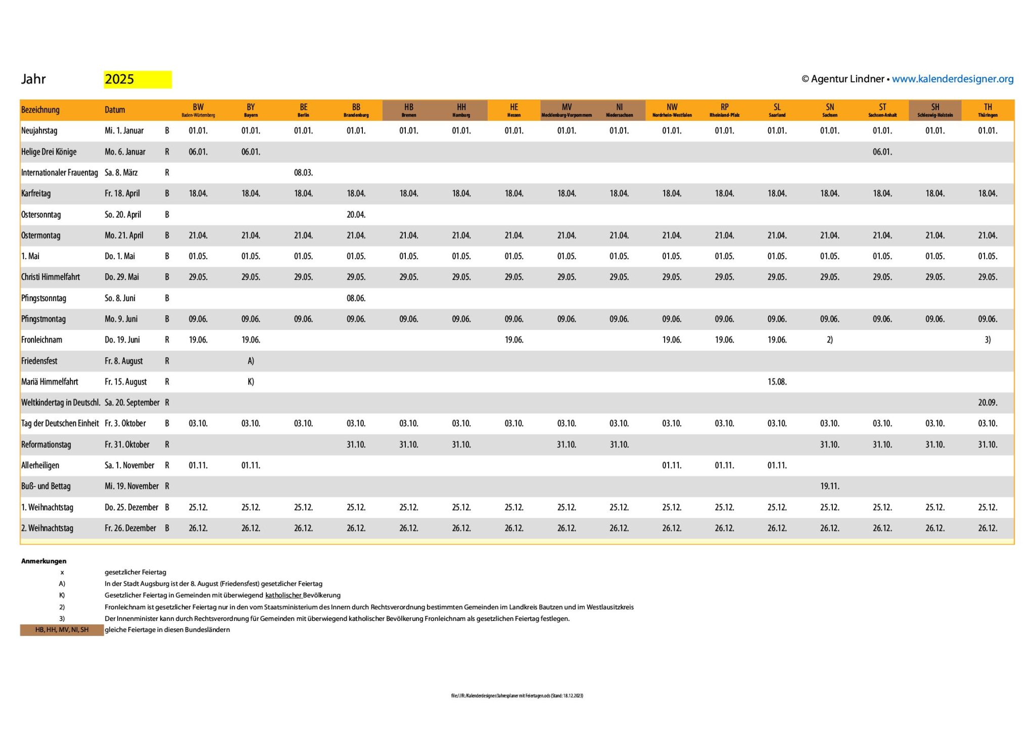 Feiertage nach Bundesland in Deutschland • taschenkalender.org